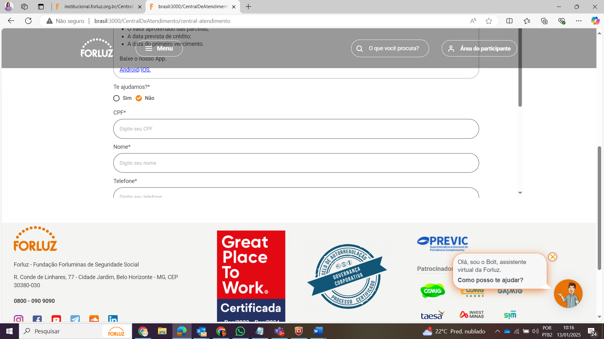5. Preencha os dados do formulário e aperte o botão Enviar, no rodapé da página.